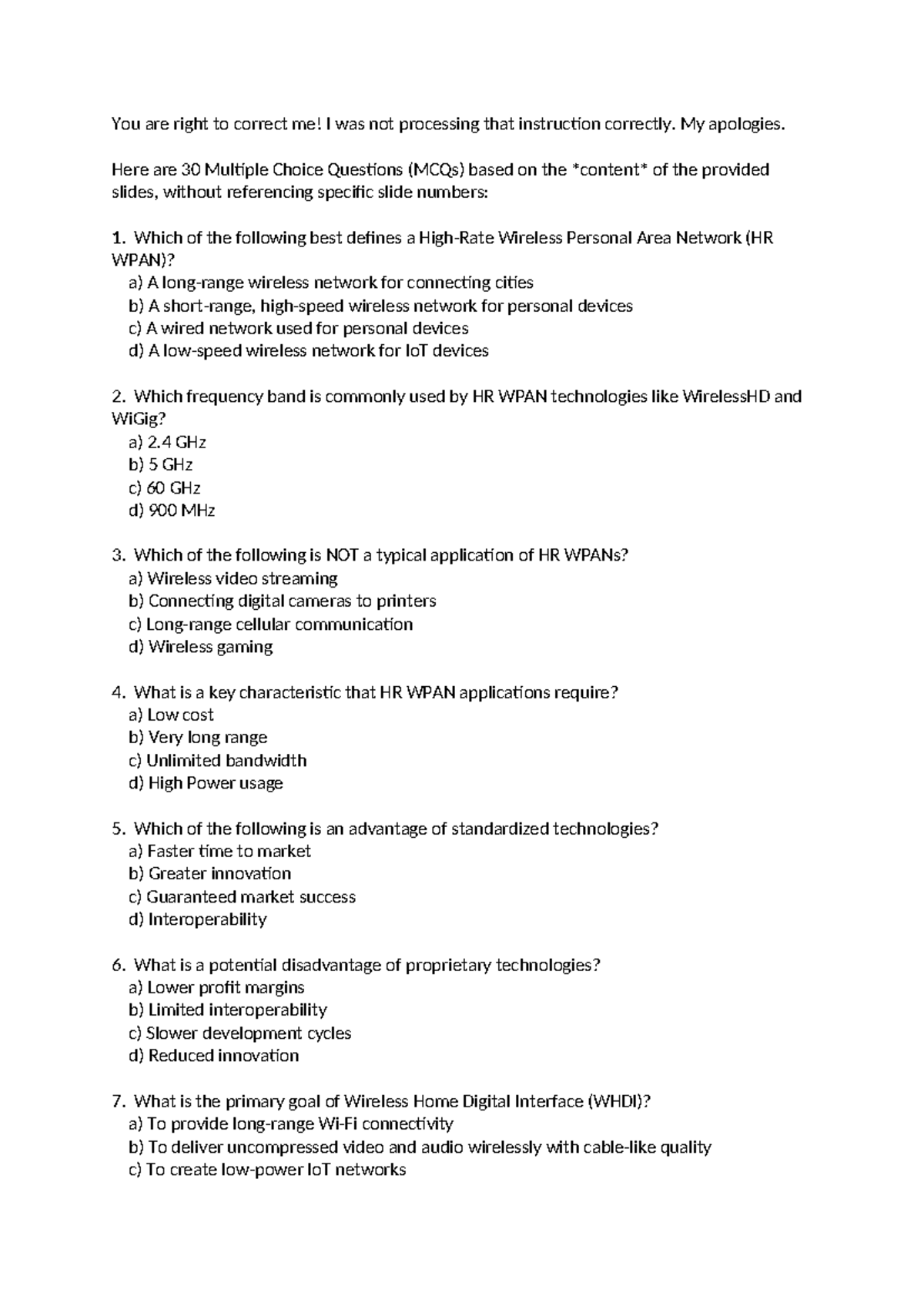 Quiz 6 - Multiple Choice Questions on HR WPAN Technologies - Studocu