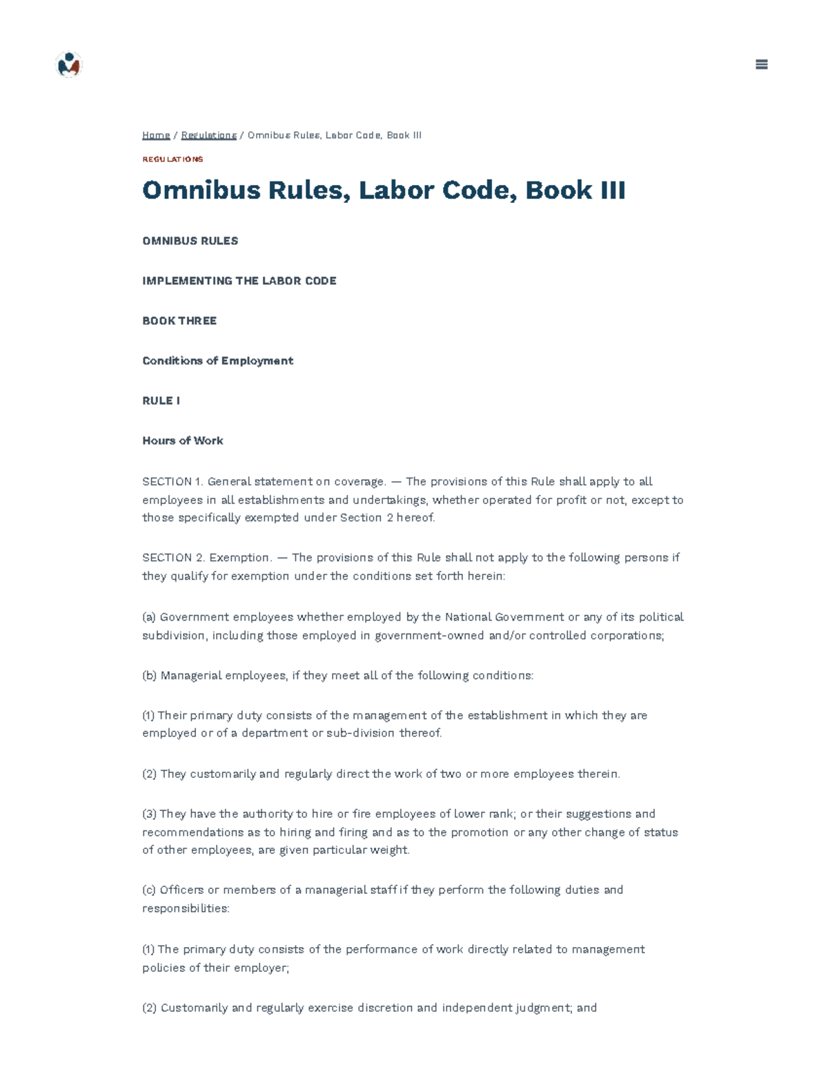 LAW - IRR BOOK III: Labor Code on Conditions of Work and Hours - Studocu