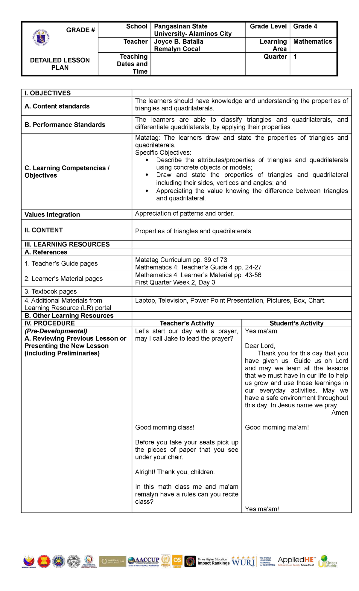 GRADE 4 MATH LESSON PLAN: PROPERTIES OF TRIANGLES & QUADRILATERALS - Studocu
