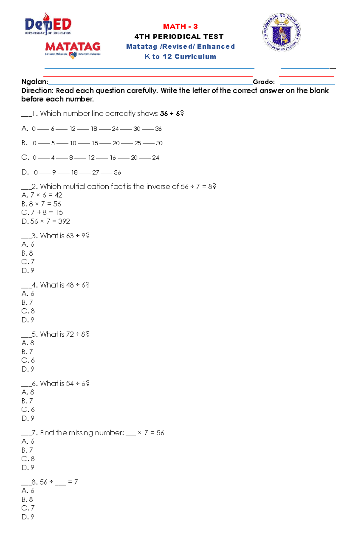 Math 3 4TH PERIODICAL TEST Review for Enhanced K to 12 Curriculum - Studocu