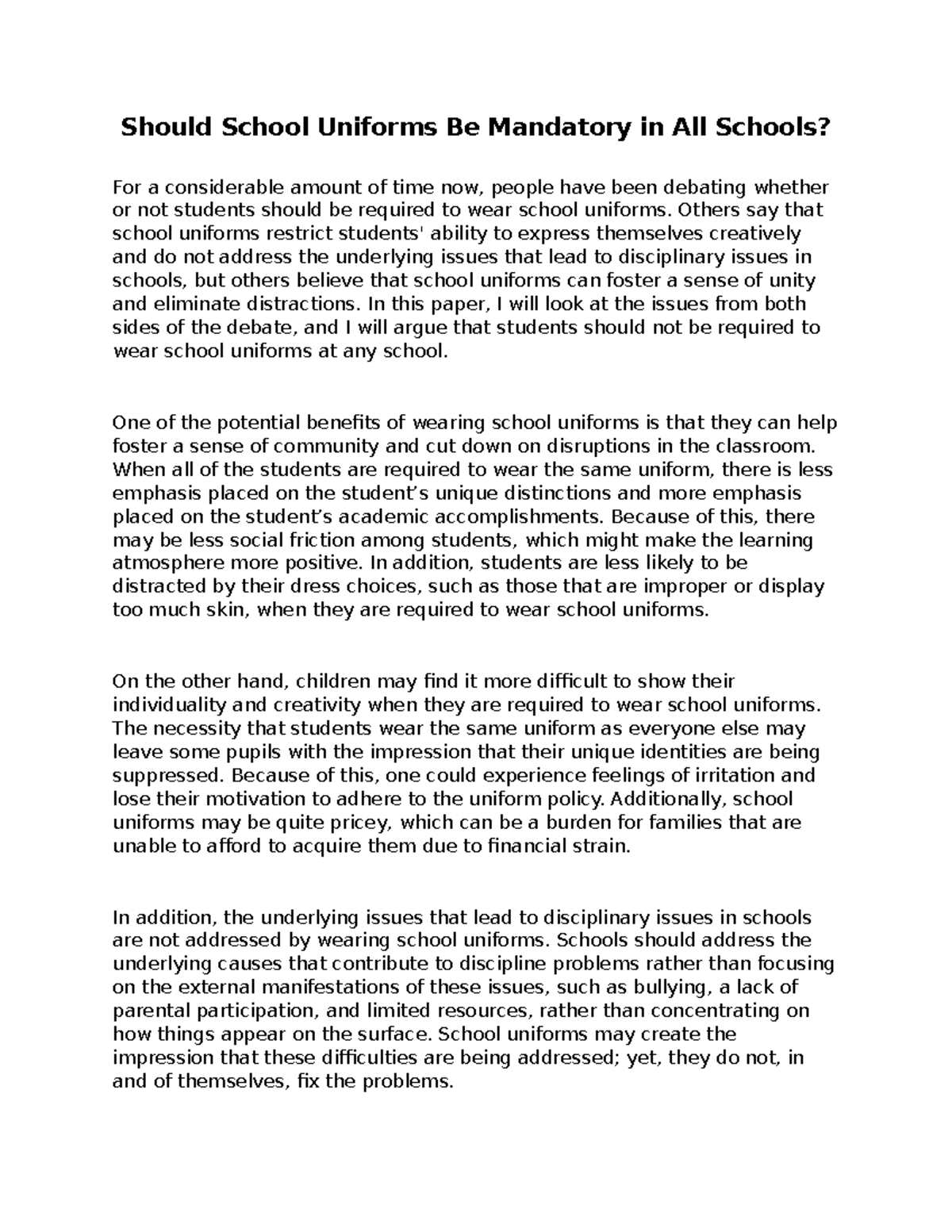 Should School Uniforms Be Mandatory? A Comprehensive Essay - Studocu