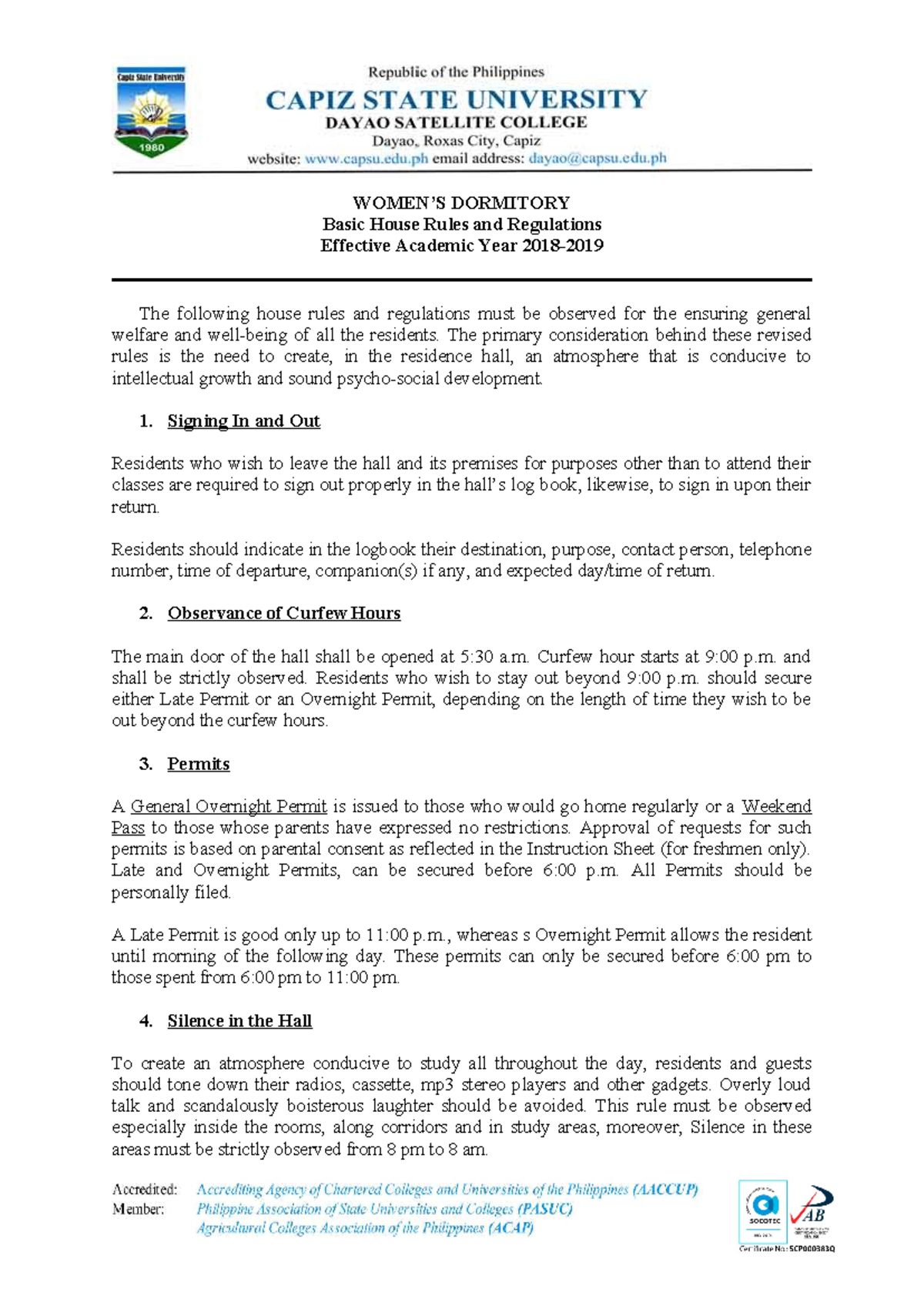 DORMITORY Basic House Rules & Regulations for AY 2021 - Studocu