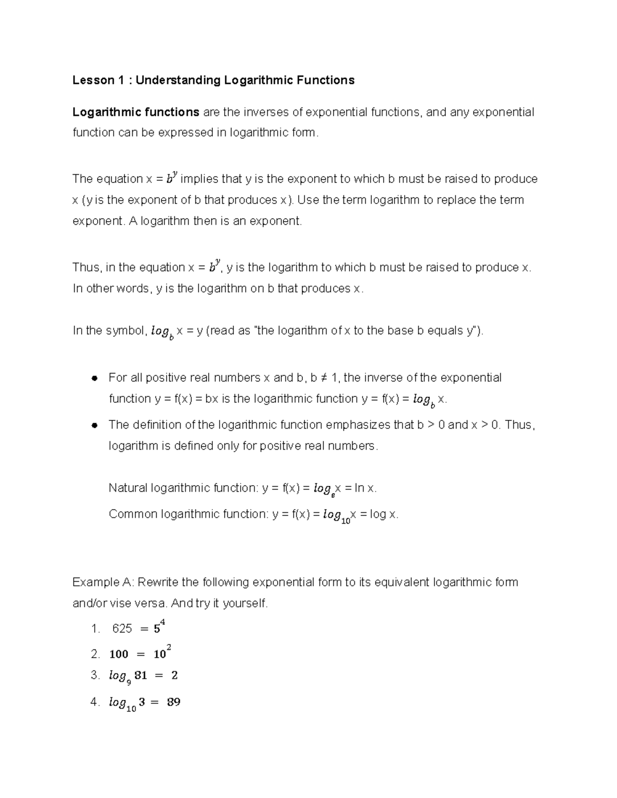 Understanding Logarithmic Equations and Functions: Lesson 1 - Studocu