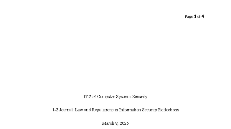 IT-253 Journal: Reflections on Law & Regulations in Info Security - Studocu