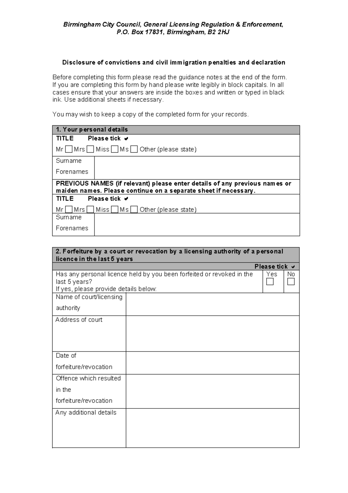 Birmingham City Council Licensing: Disclosure of Convictions ...