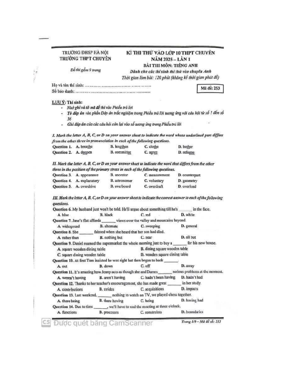 Đề Thi Thử Vào Lớp 10 Chuyên Anh - TRUONG DHSP HÀ NỘI 2025 Lần 1 - Studocu