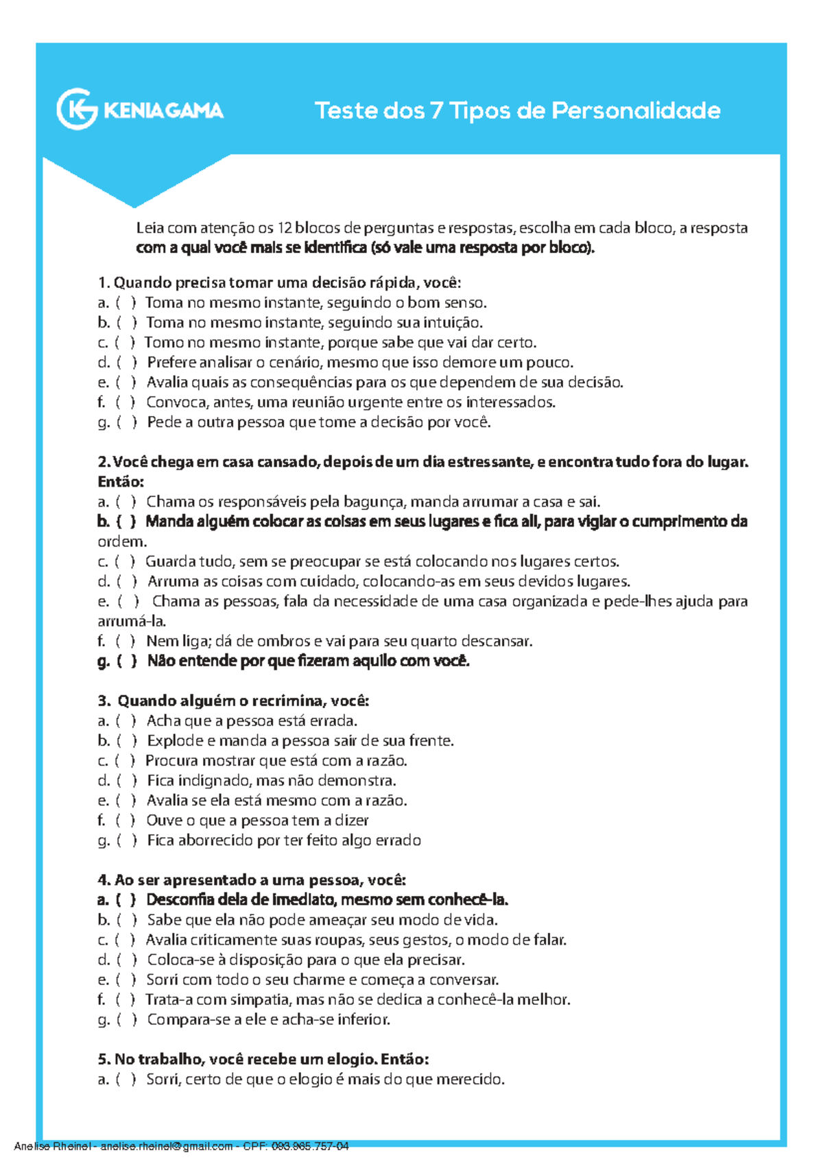Teste dos 7 Tipos de Personalidade - Análise e Respostas - Studocu