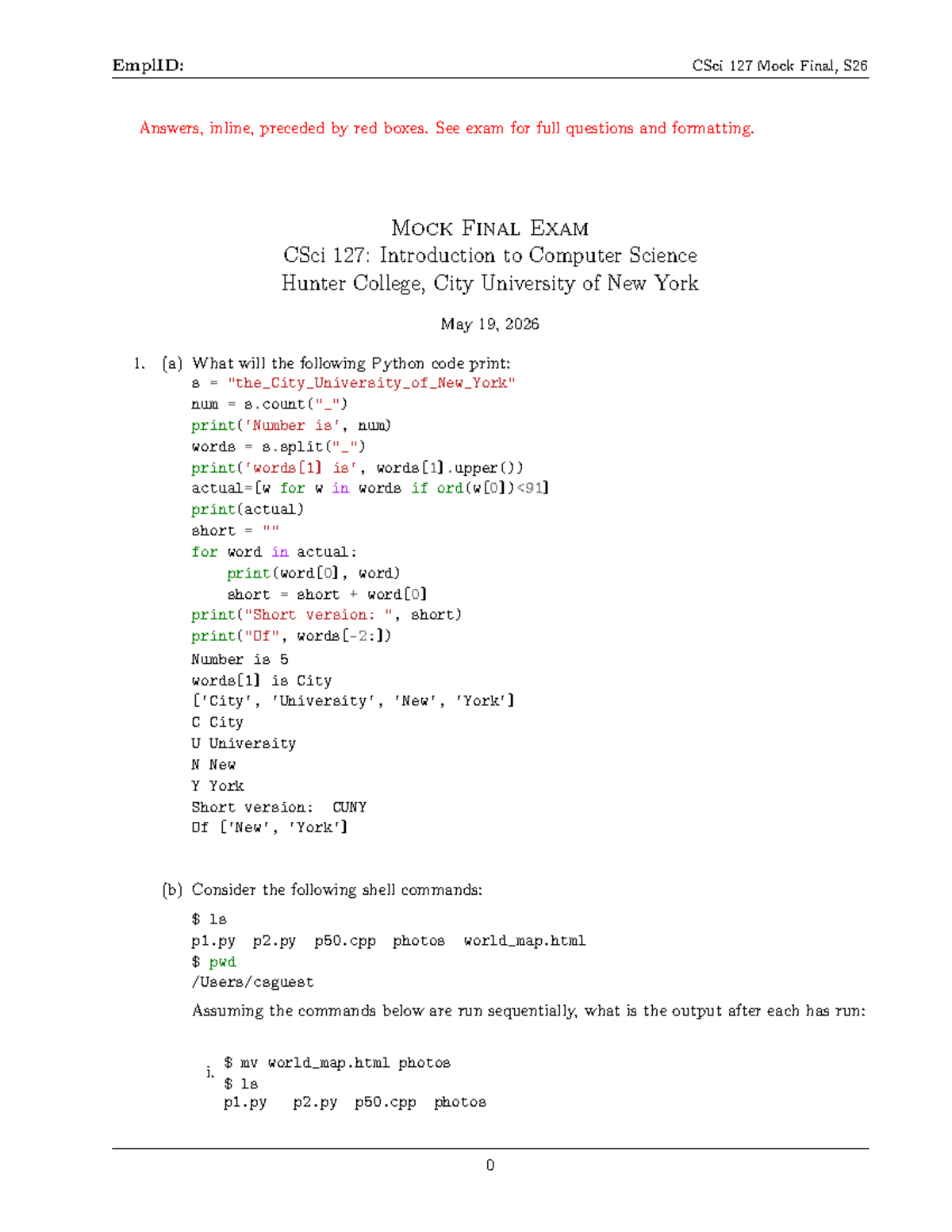 CSci 127 Mock Final Exam Answers - Spring 2026 - Studocu