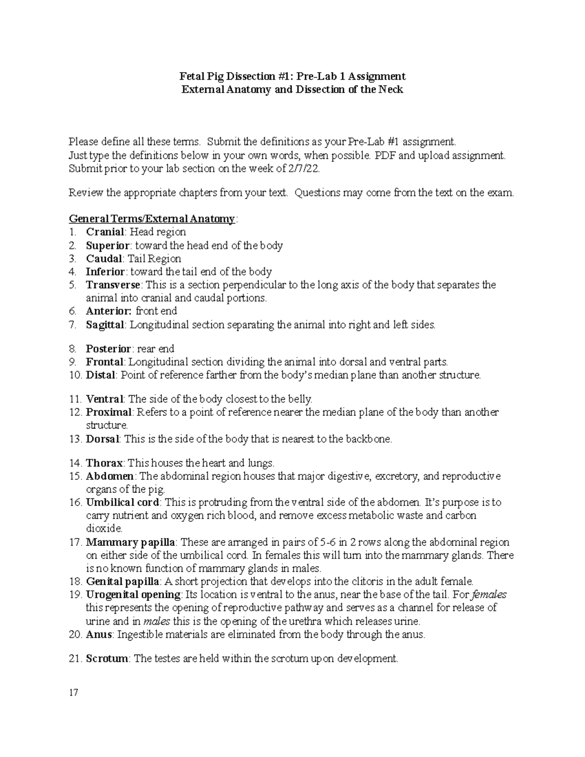 Fetal Pig Dissection #1: Pre-Lab 1 External Anatomy Definitions - Studocu