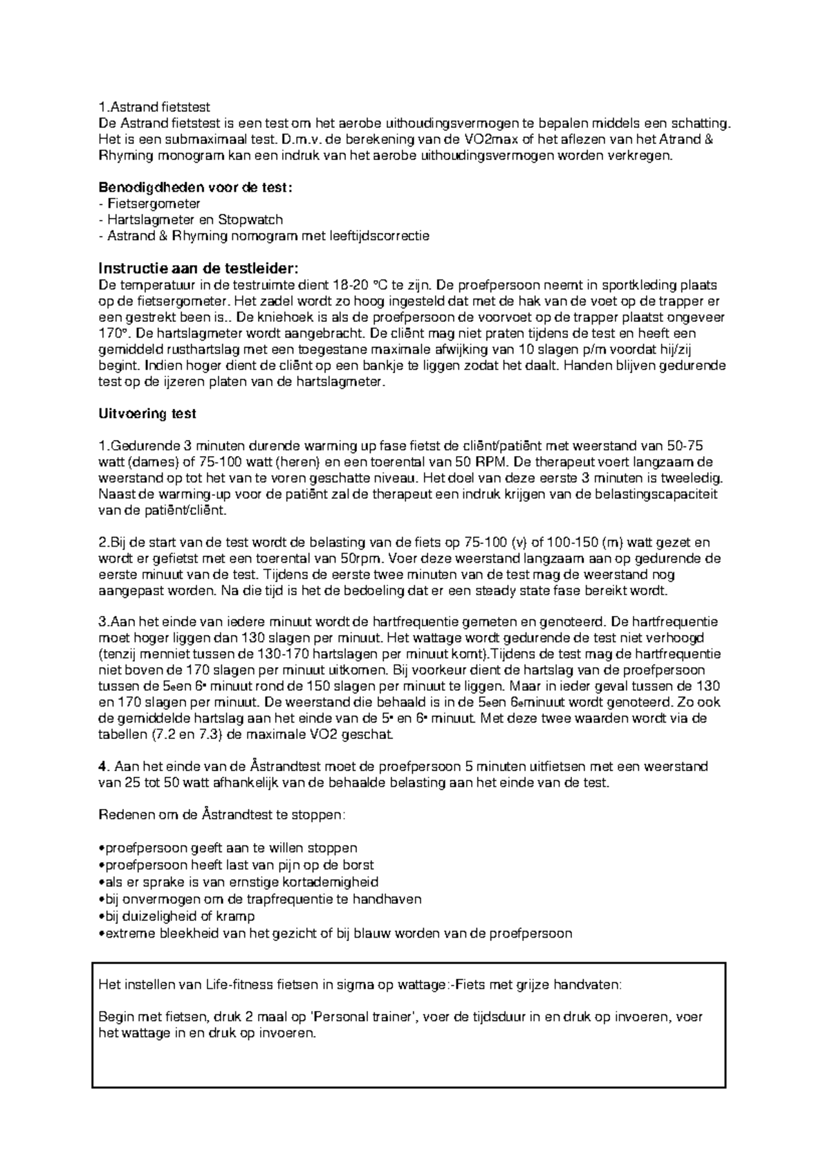 Astrand Test Procedure for Aerobic Endurance Determination - Studeersnel