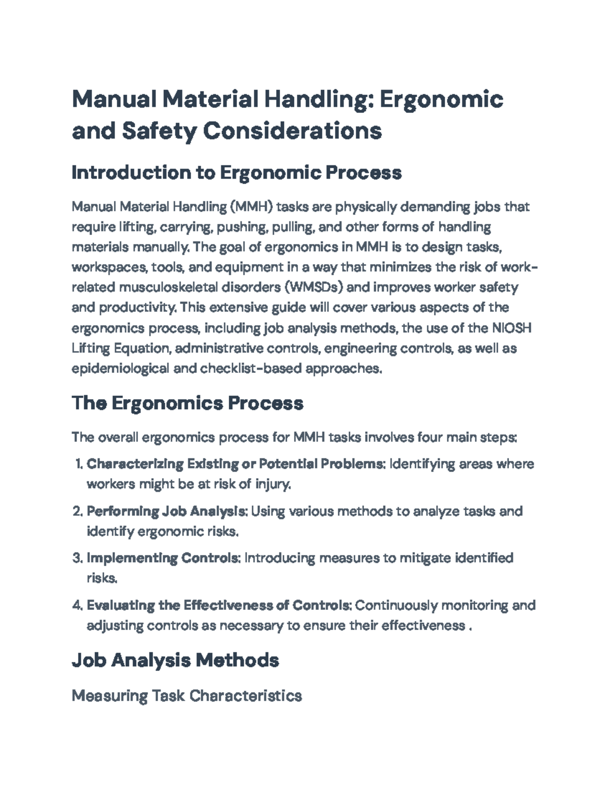 Manual Material Handling: Ergonomic Considerations and Safety ...