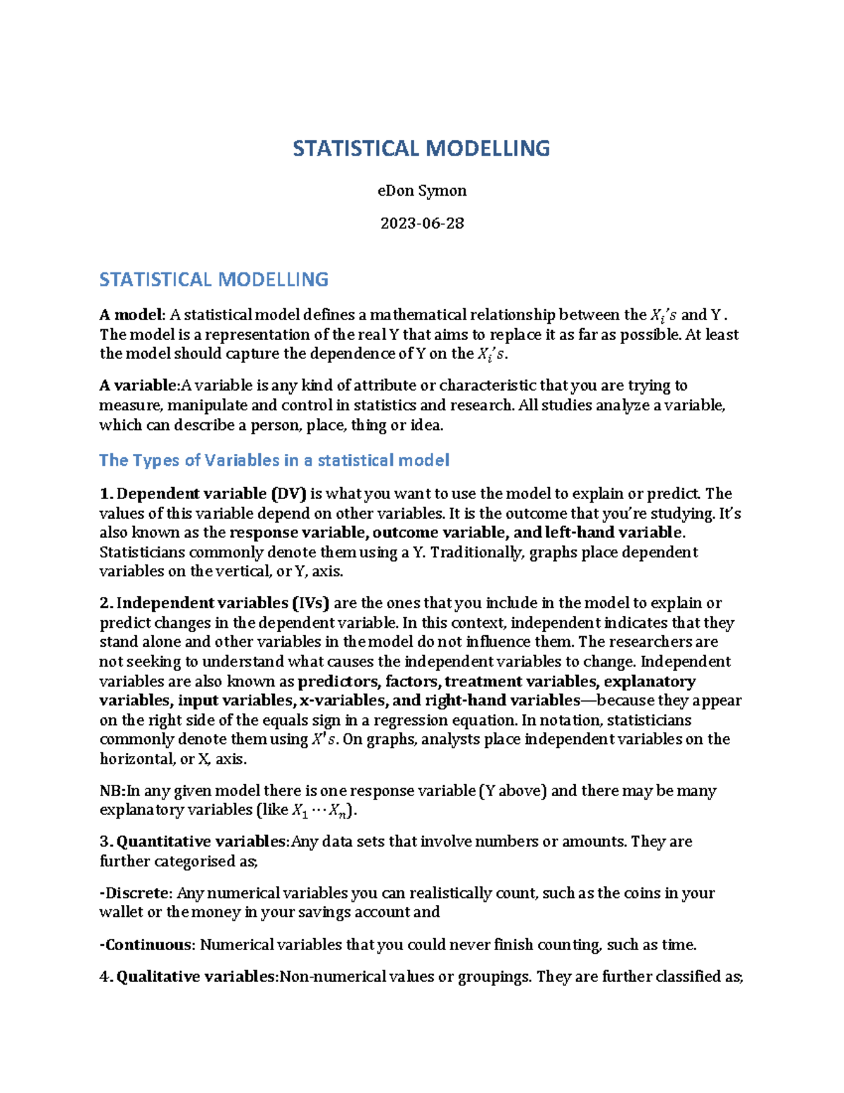 STAT 101: Statistical Modelling Overview and Variable Types - Studocu