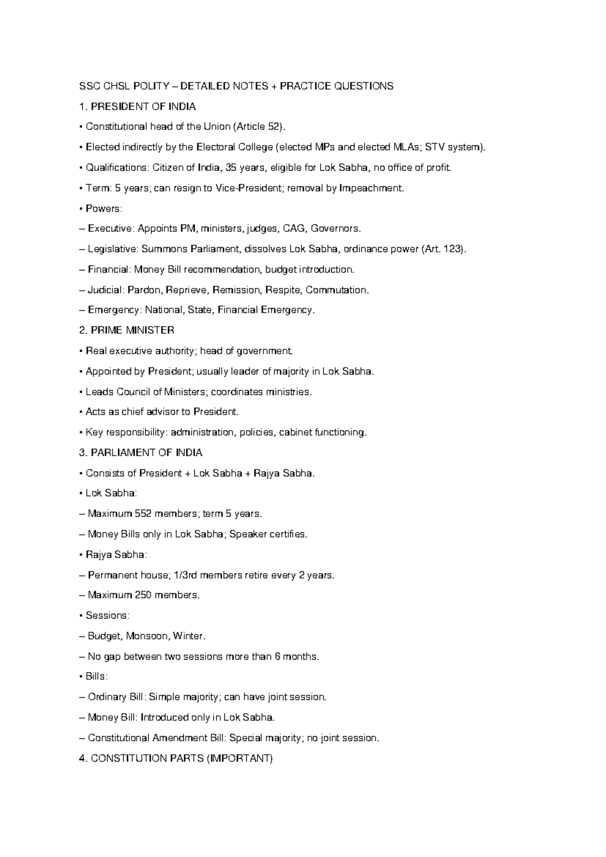 SSC CHSL Polity Detailed Notes: President, PM, and Parliament Insights ...