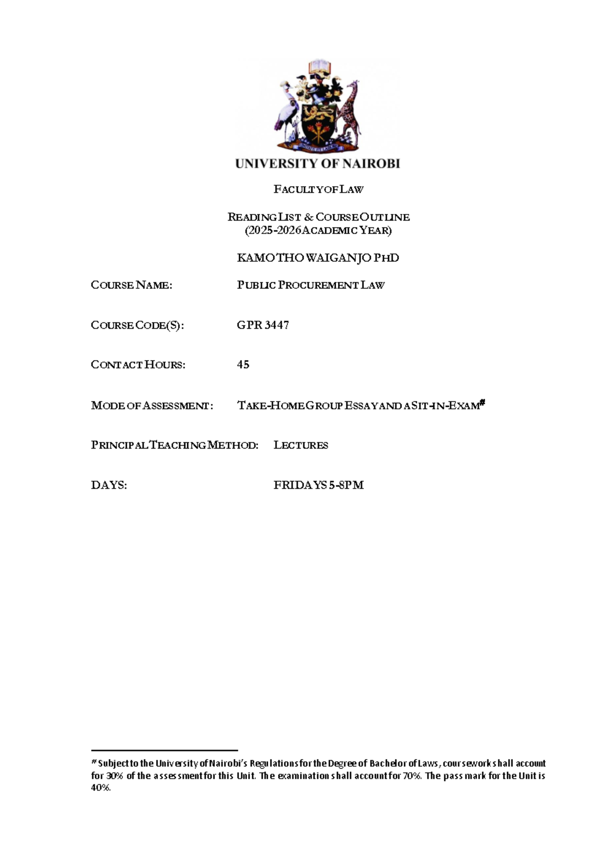 GPR 3447 Public Procurement Law Course Outline 2026 - Studocu