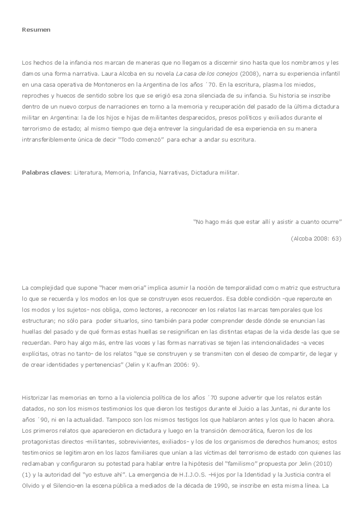 Resumen de _La casa de los conejos_ de Laura Alcoba: Narrativa y ...