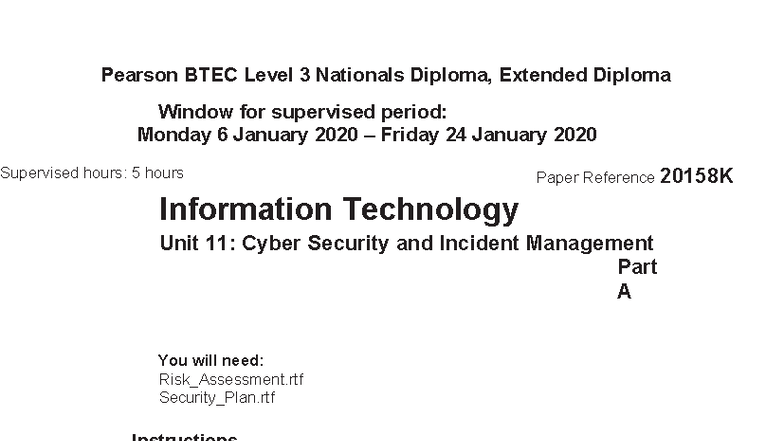 BTEC Level 3 IT Unit 11: Cyber Security & Incident Management Part A - Studocu