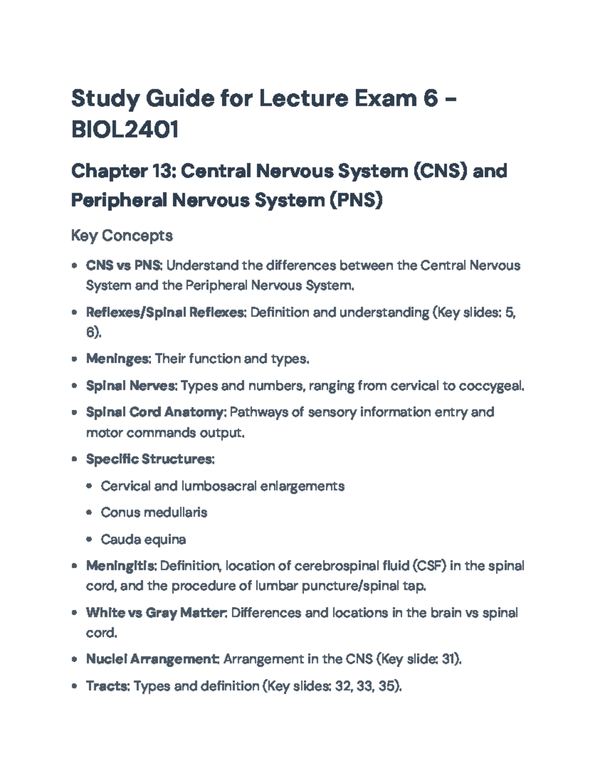 Study Guide for BIOL2401 Lecture Exam 6: CNS, PNS, and Senses - Study ...
