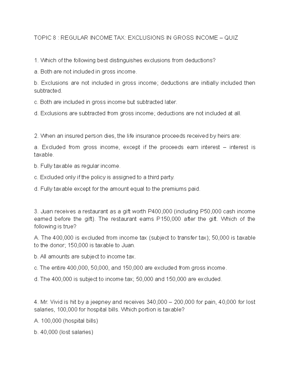 Topic 8 Quiz: Regular Income Tax Exclusions in Gross Income - Studocu