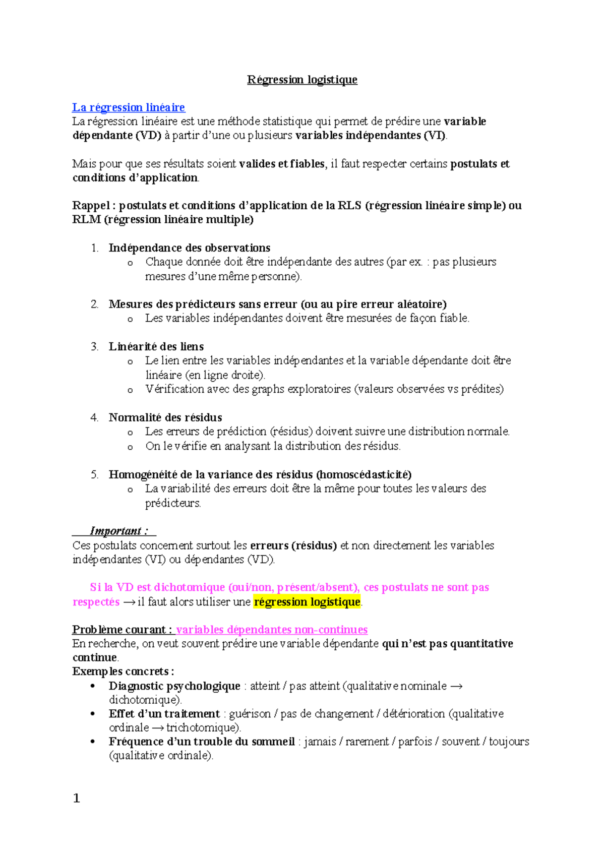 Régression Logistique : Postulats et Applications en Statistique - Studocu