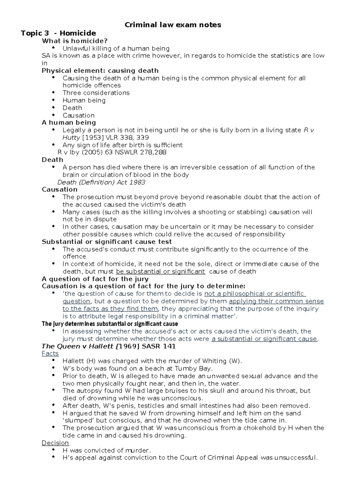 Criminal Law Exam Notes: Homicide, Causation, and Defenses (CL 101 ...