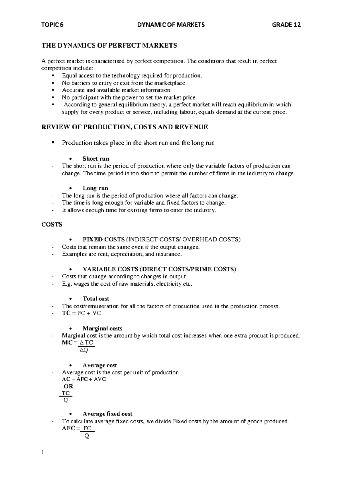 Topic 6: Dynamics of Perfect Market in Economics - Grade 12 Notes - Studocu