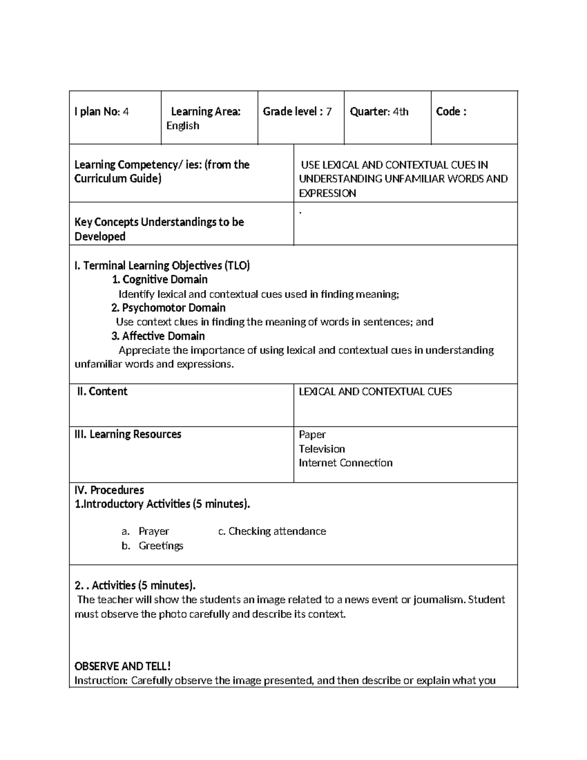 Lesson PLAN (Autosaved) - I plan No: 4 Learning Area: English Grade ...