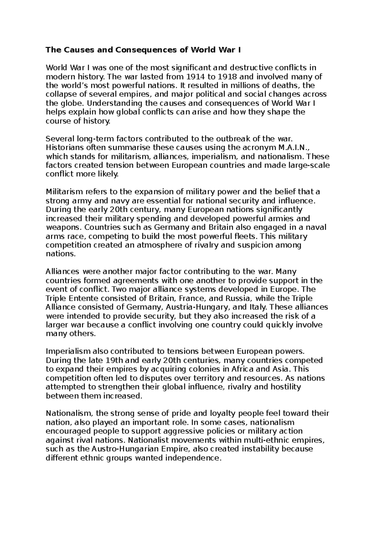 WWI Assignment: Causes & Consequences of World War I - Studocu