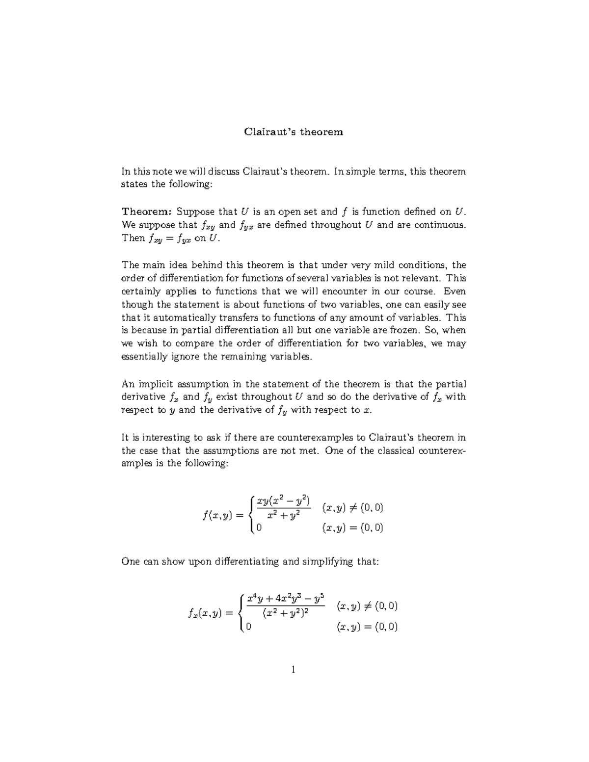 Clairaut theorem - Clairaut’s theorem In this note we will discuss ...