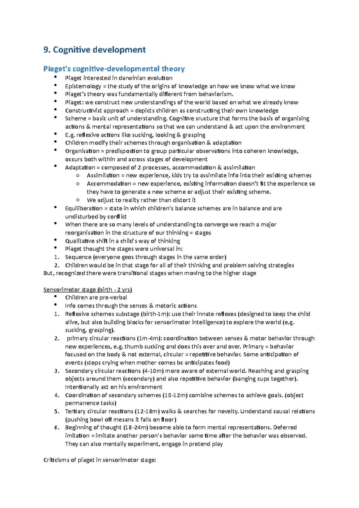 Chapter 9: Cognitive Development in Developmental Psychology - Studeersnel