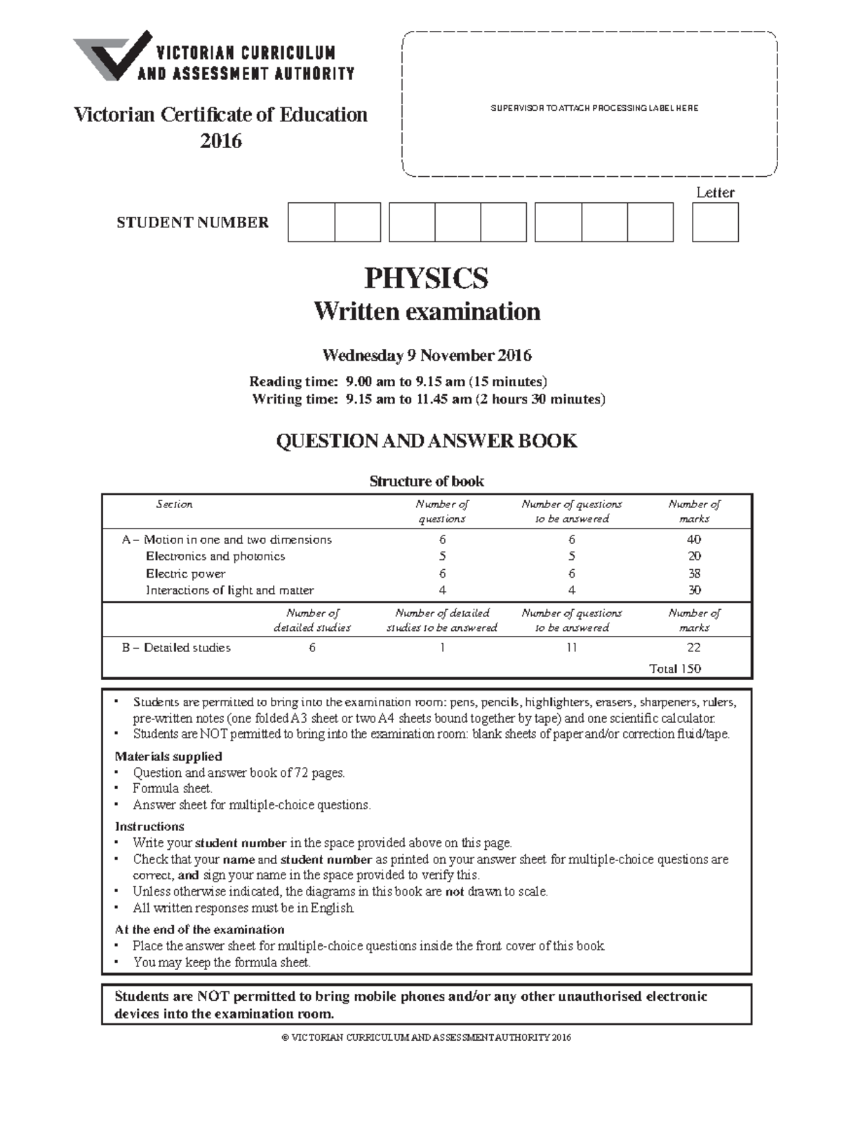 2016 VCE Physics Exam - Written Exam Structure & Instructions - Studocu