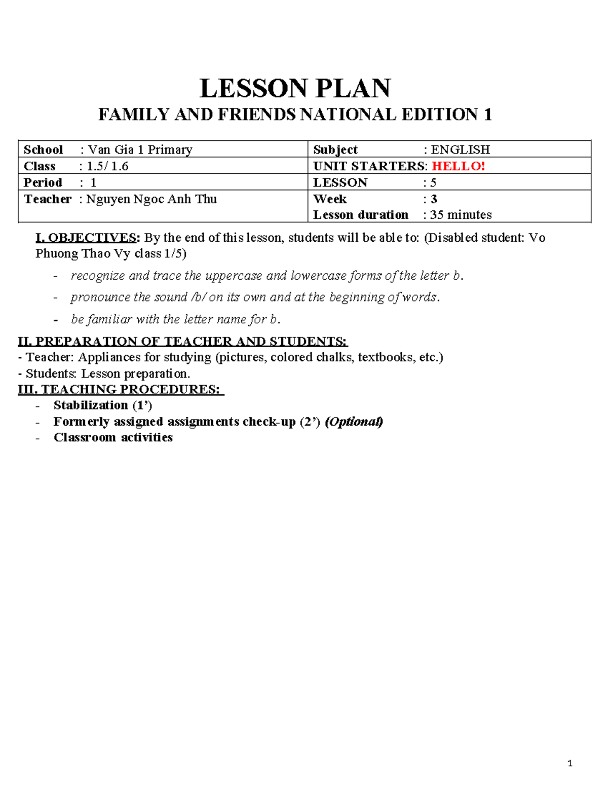 Lesson PLAN WEEK 3 - LESSON PLAN FAMILY AND FRIENDS NATIONAL EDITION 1 ...