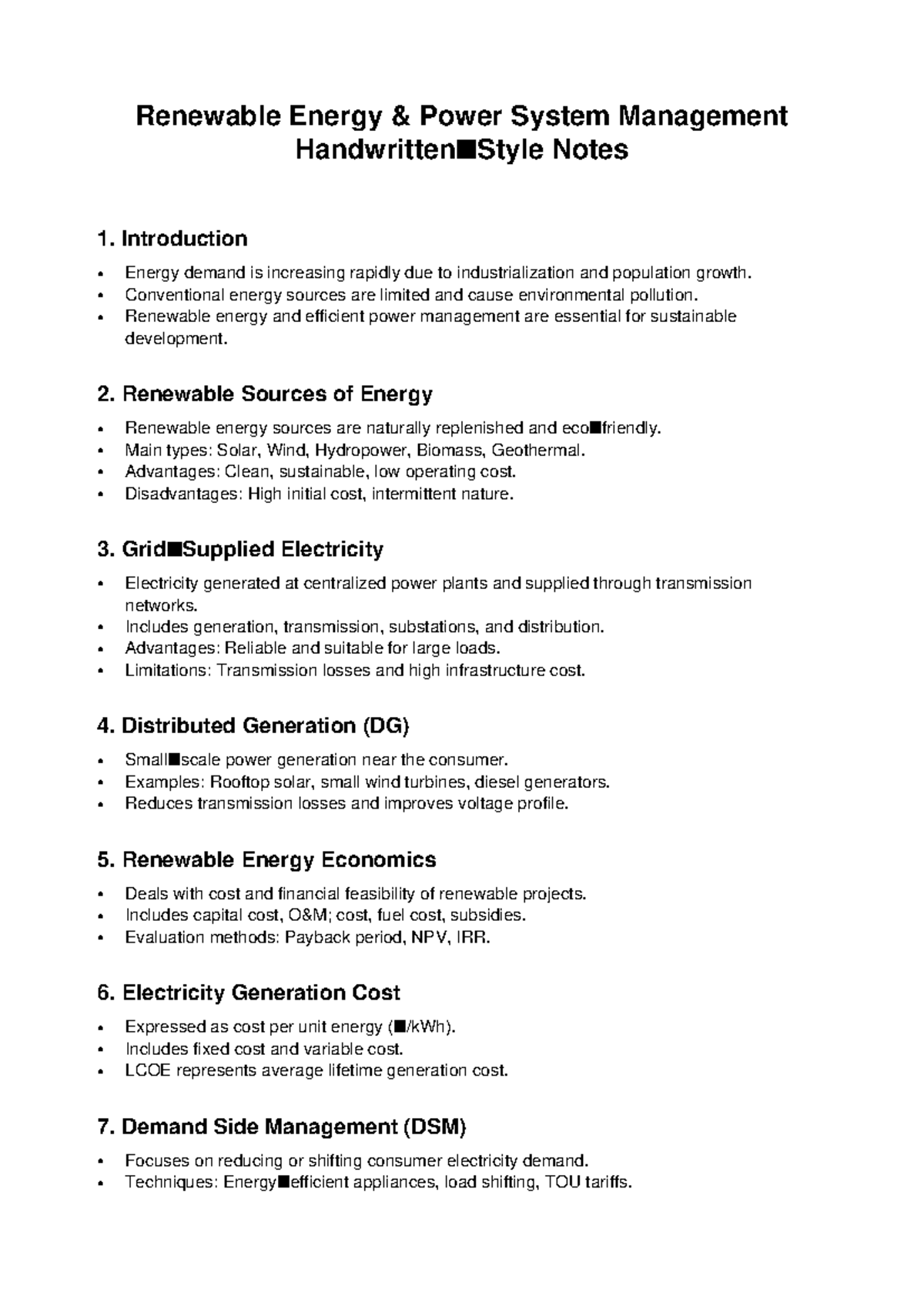 Renewable Energy Power System Management Notes: Key Concepts ...
