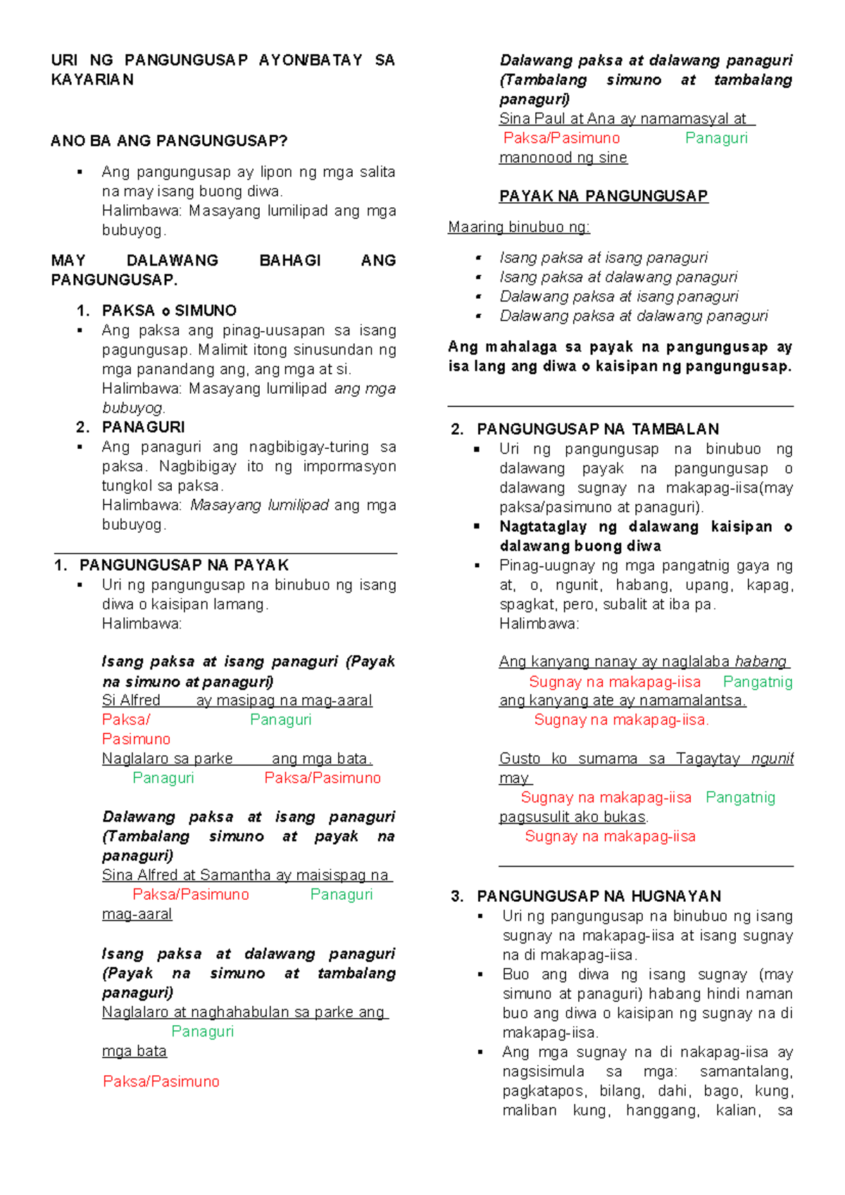 Mga Uri ng Pangungusap Ayon sa Kayarian: Isang Detalyadong Talaan - Studocu