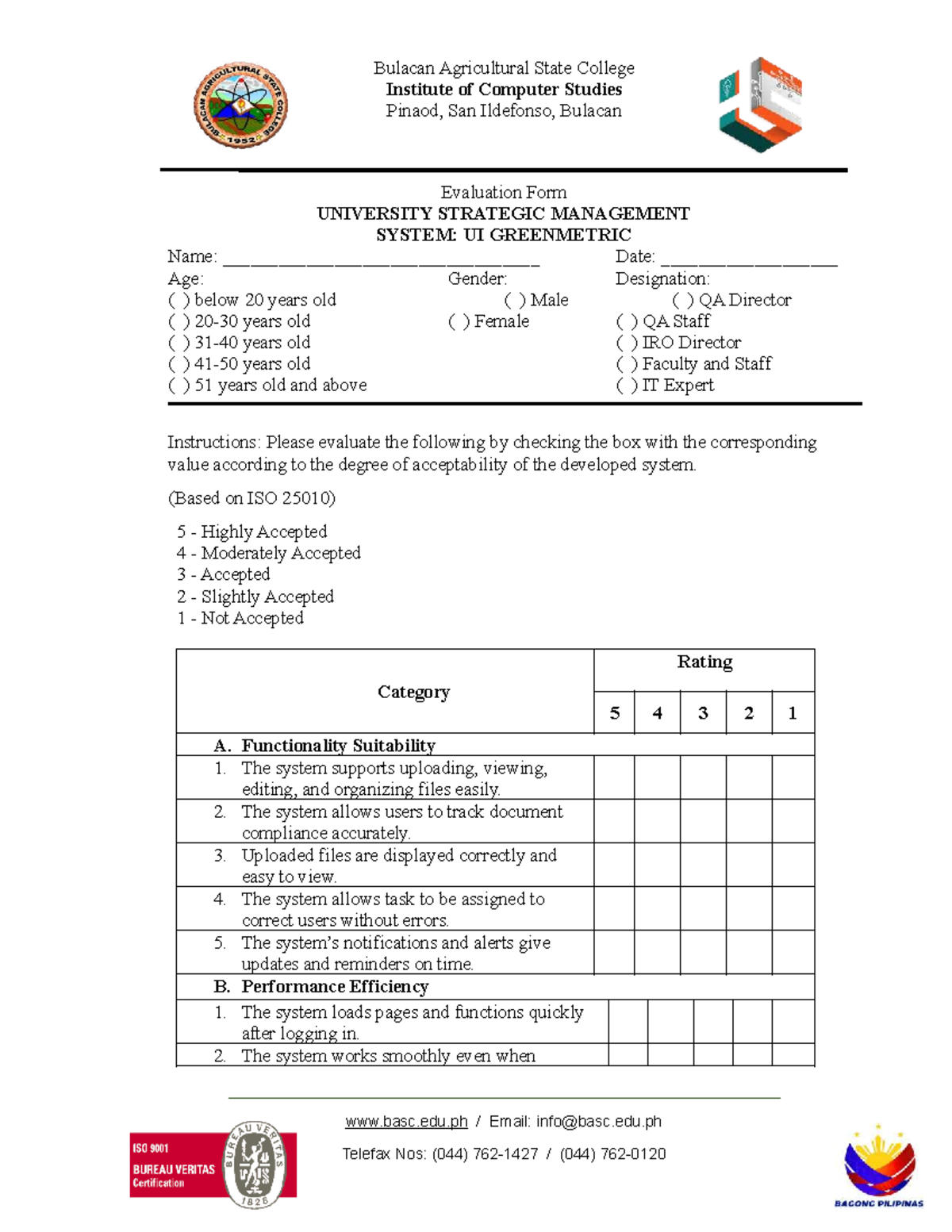 Evaluation Form for UI GreenMetric: QA Office Survey - Studocu