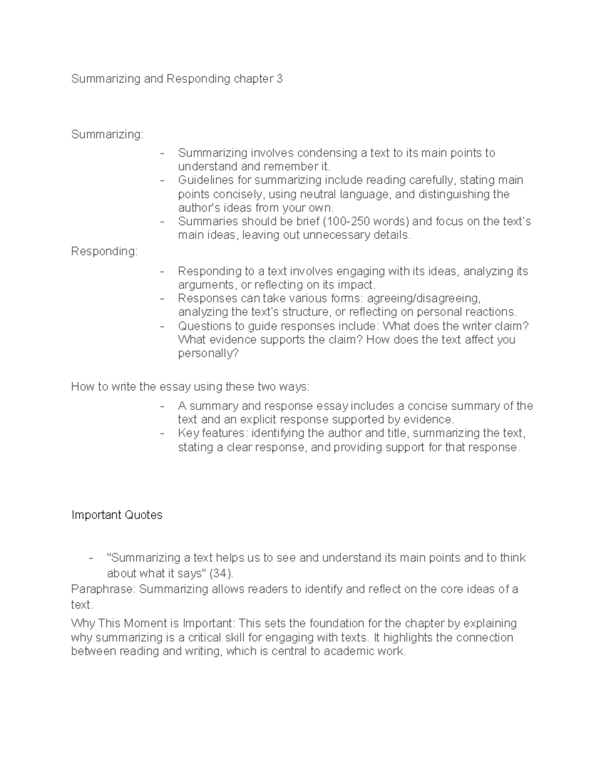 Untitled document (24) - Summarizing and Responding chapter 3 ...