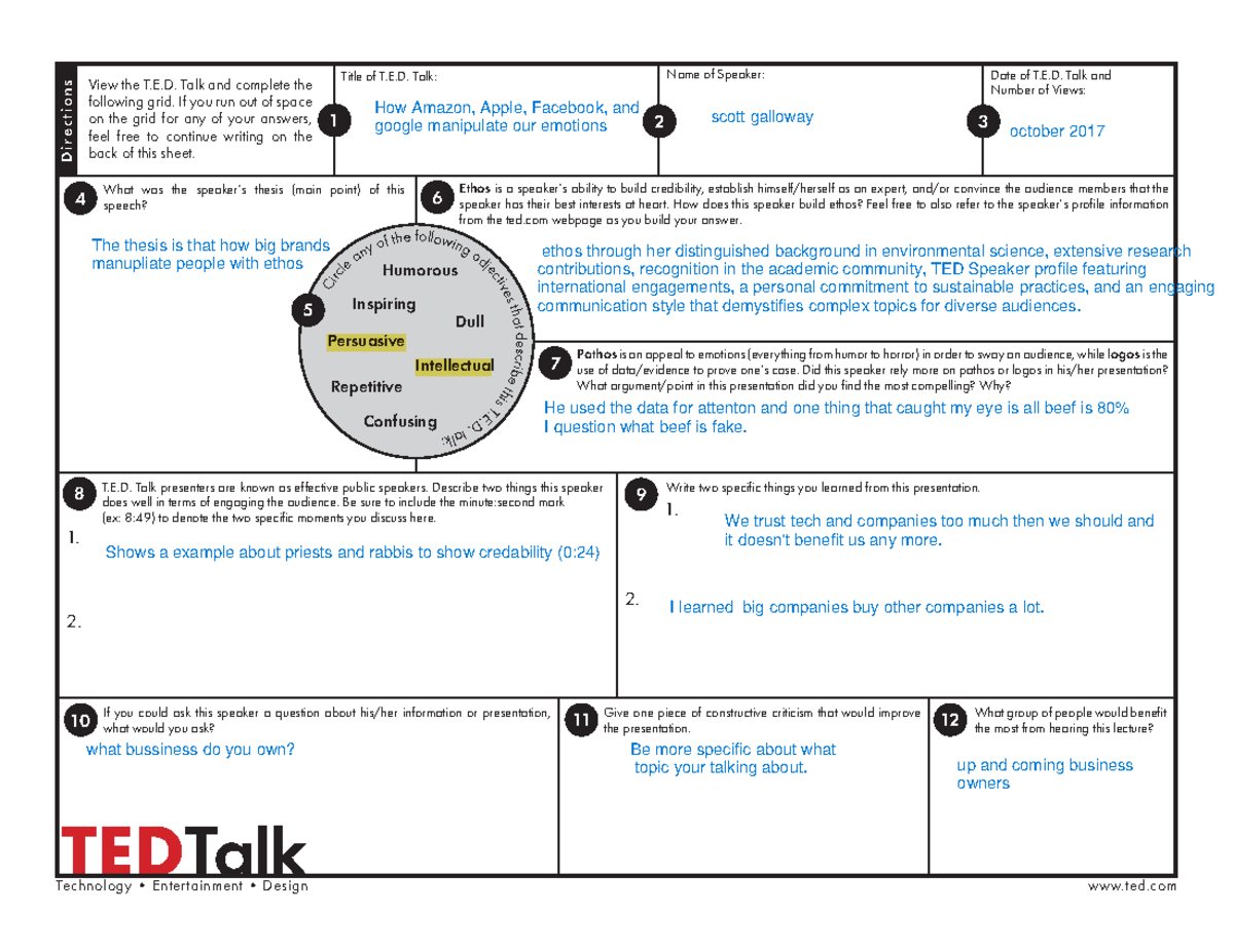 TED Talk Worksheet: Analyzing Speaker Engagement and Techniques - Studocu