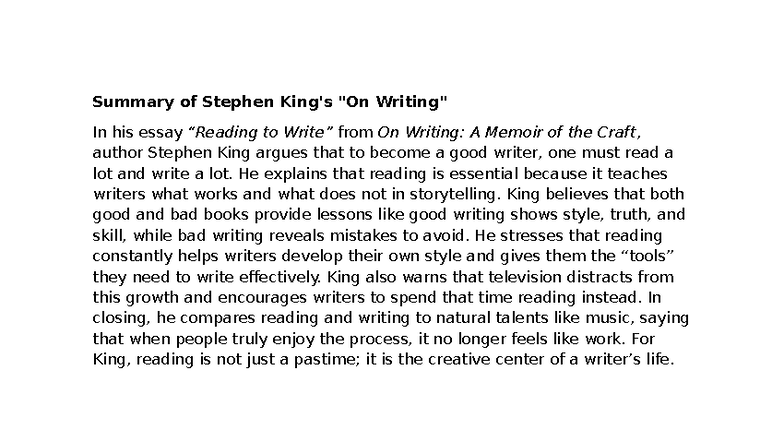 Summary of Stephen King's On Writing: Key Insights and Lessons - Studocu