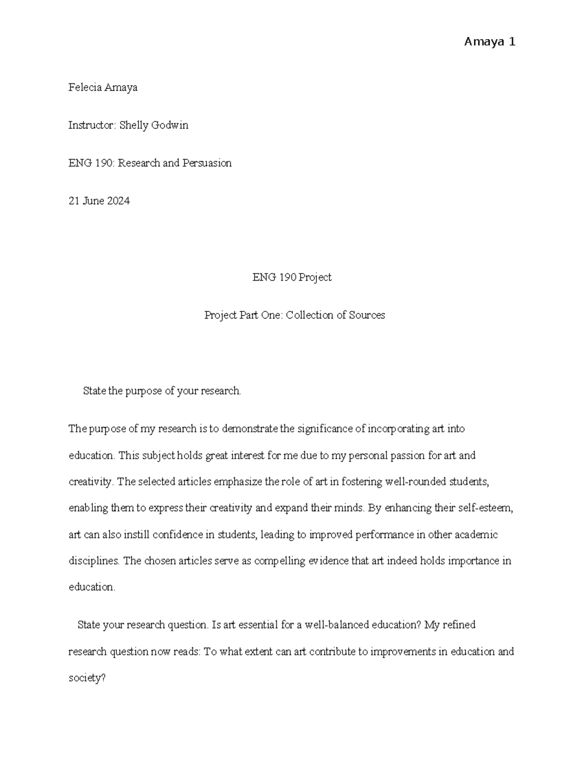 Week 7 Project - final draft -2 - Felecia Amaya Instructor: Shelly ...