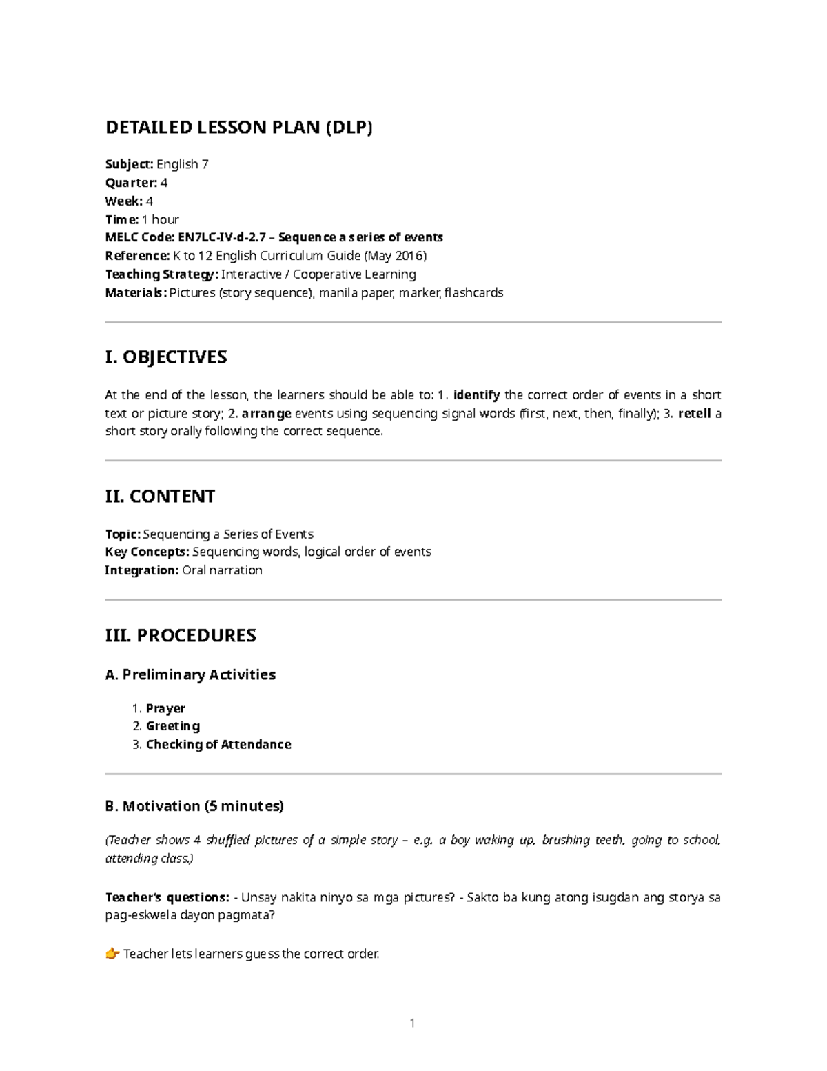 Detailed Lesson Plan: Sequencing Events (Eng 7 Q4 W4) - Studocu