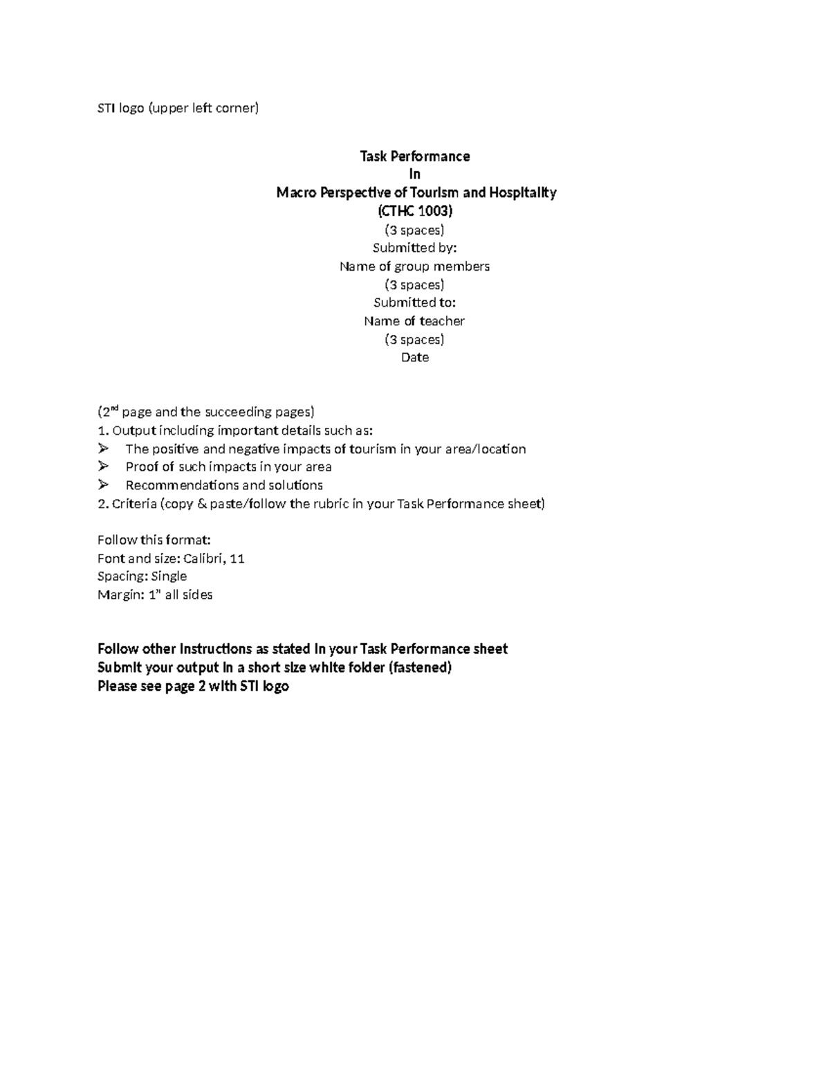 Front PAGE Format Task performance macro - STI logo (upper left corner ...
