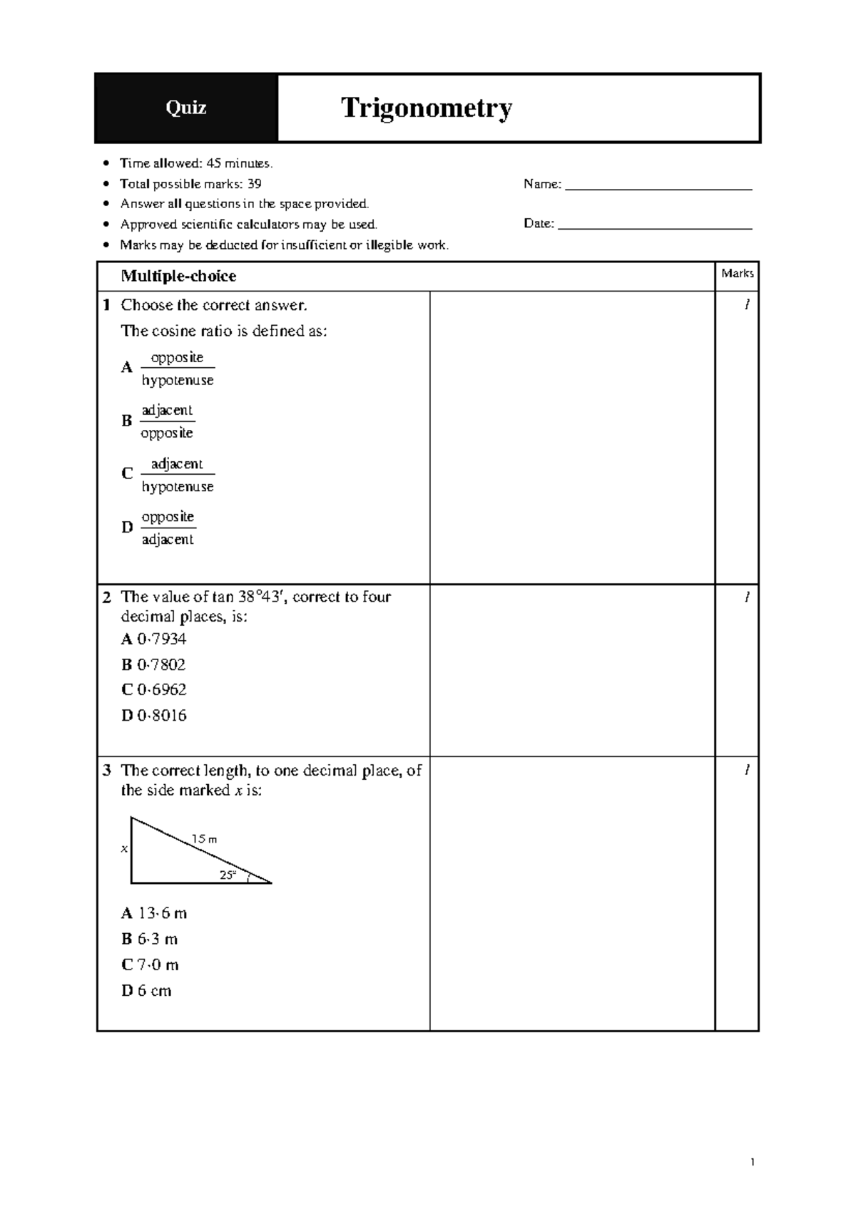Trigonometry Quiz (Part 1) - Quiz Trigonometry Time allowed: 45 minutes ...