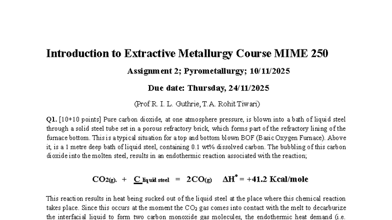 Introduction to Extractive Metallurgy Assignment MIME 250 - Studocu