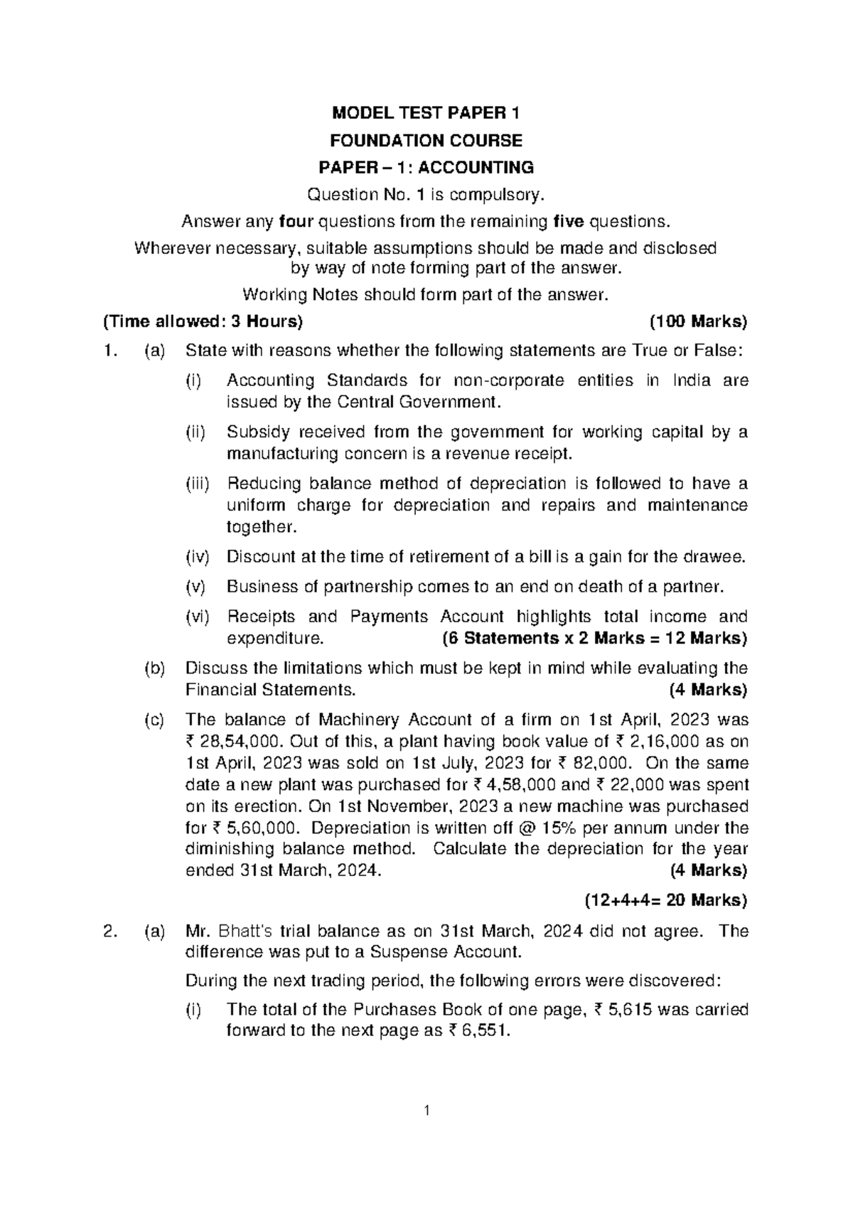 MODEL TEST PAPER 1: FOUNDATION COURSE PAPER 1 - ACCOUNTING - Studocu