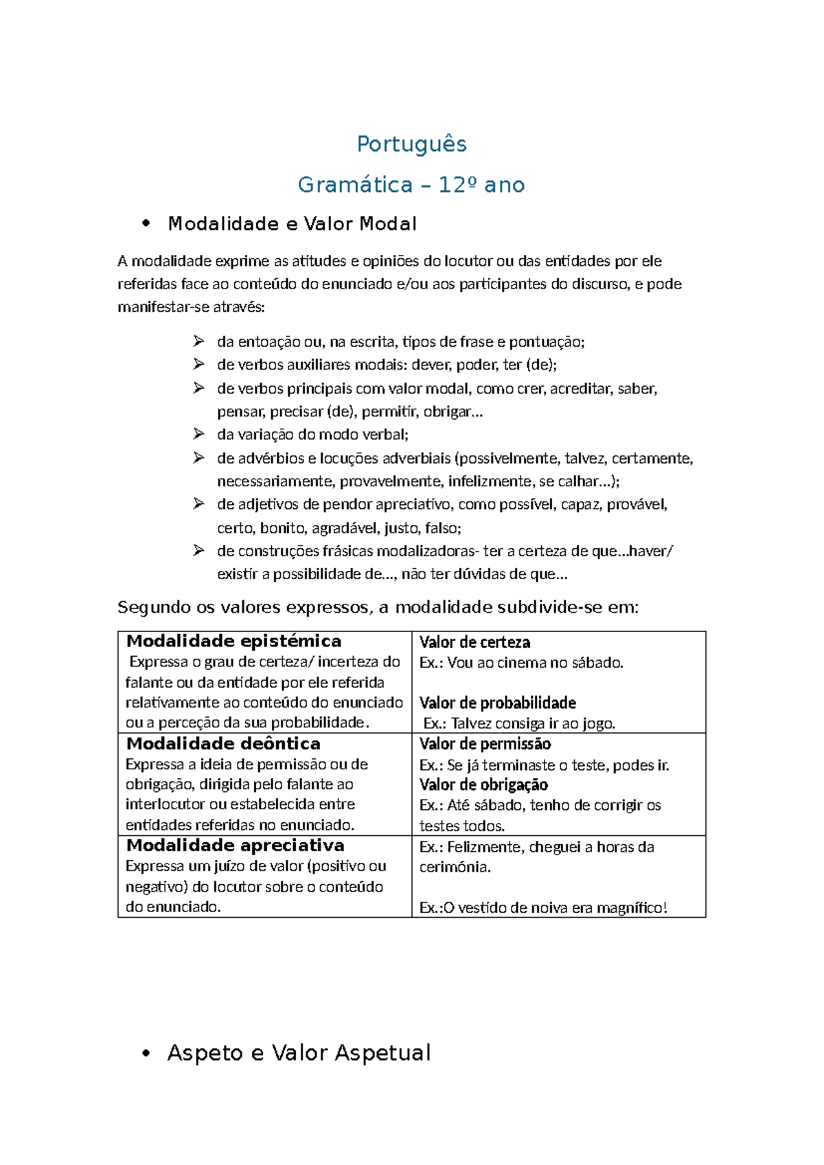Português Gramática - Português Gramática – 12º ano Modalidade e Valor ...