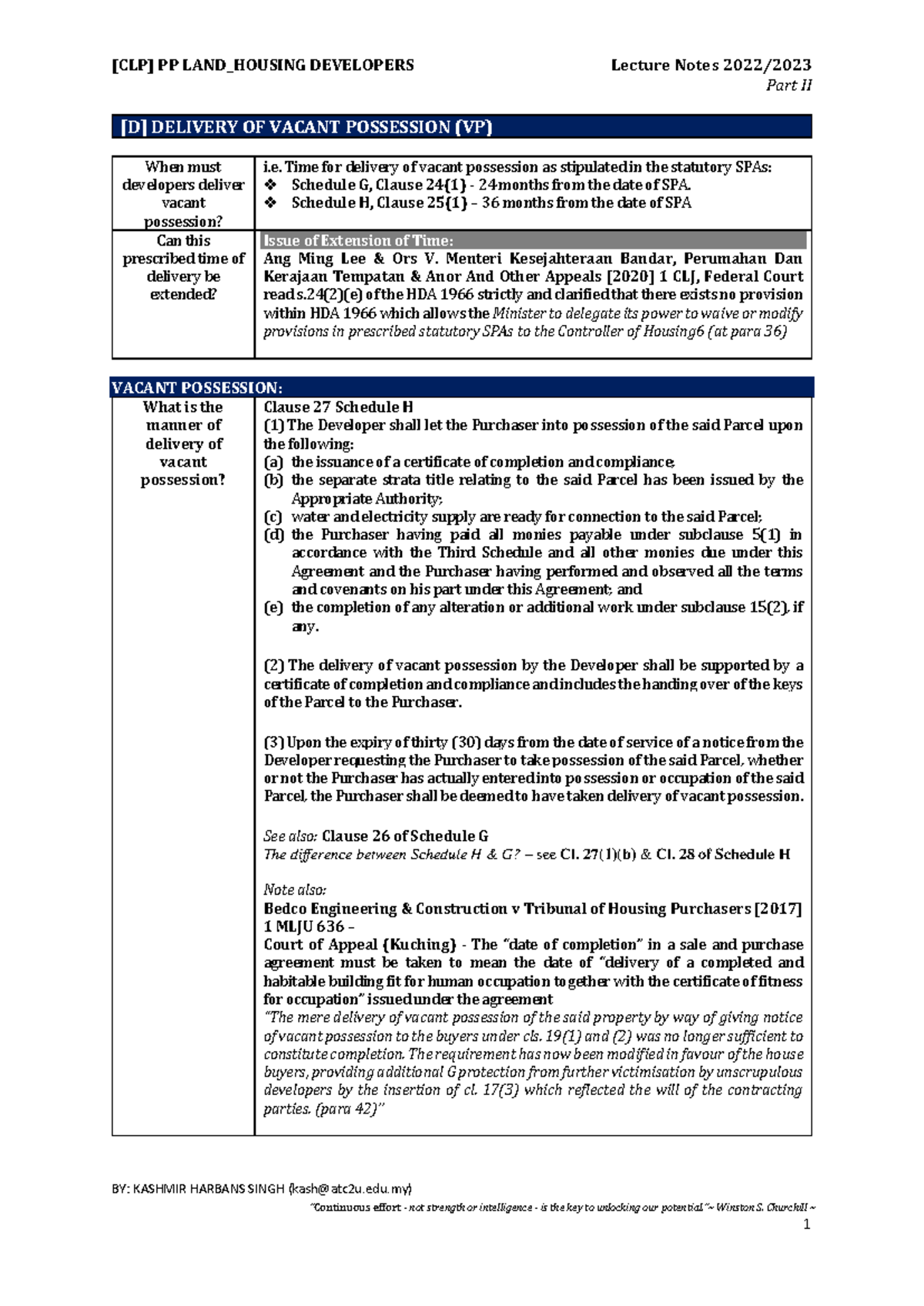 PP LAND_HOUSING DEVELOPERS Lecture Notes Part II: Delivery of Vacant ...