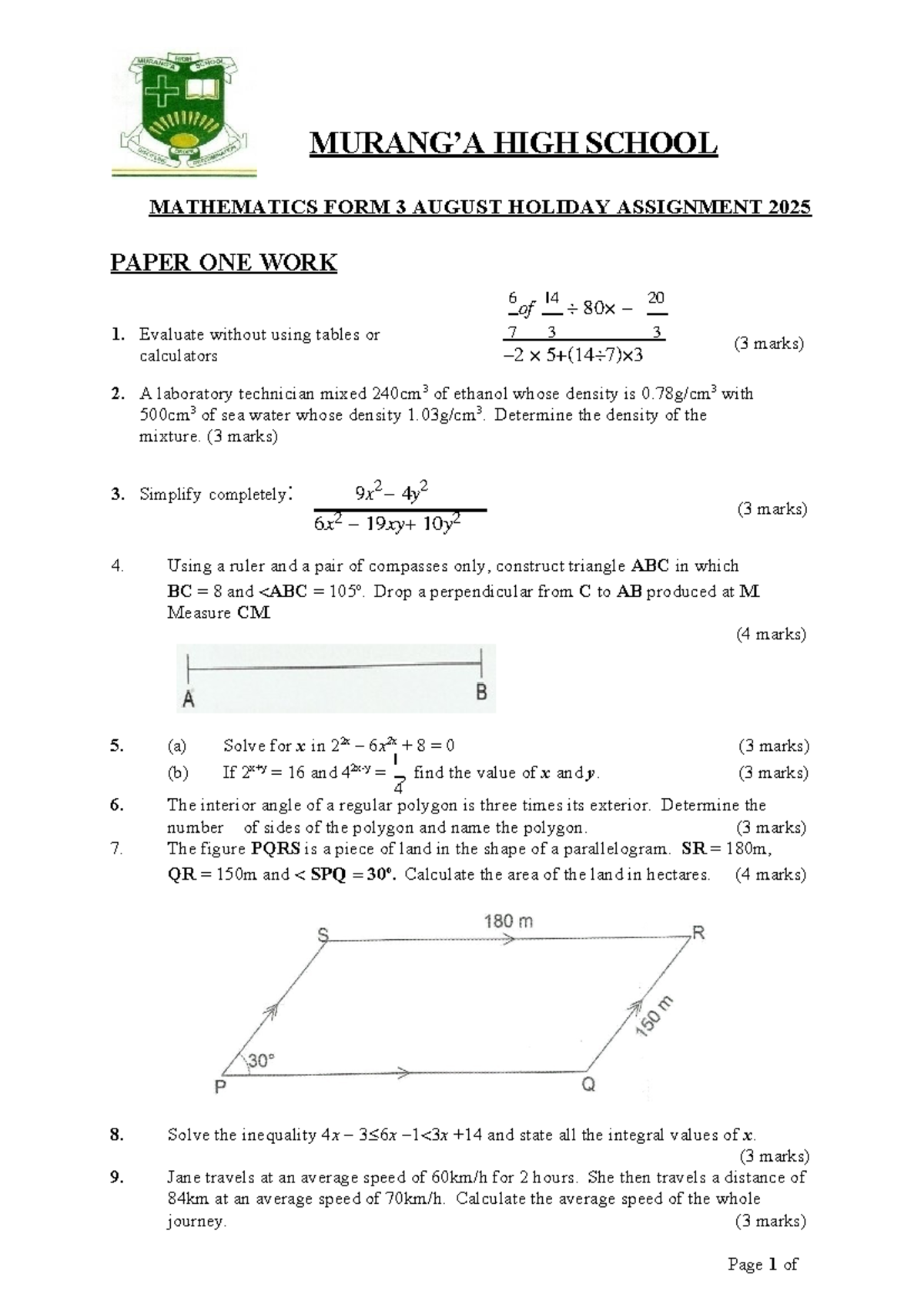 Mathematics Form 3 August Holiday Assignment 2025 Paper One - Studocu