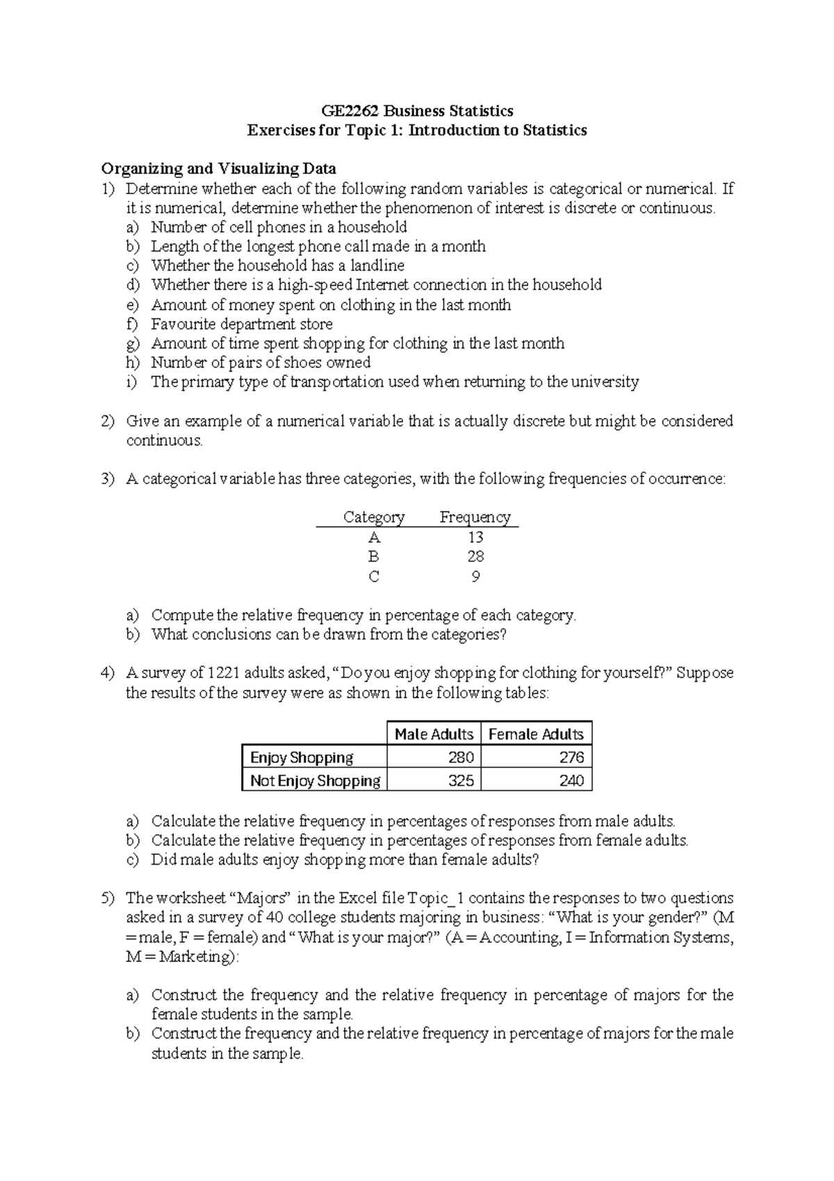GE2262 Business Statistics Exercises: Topic 1 - Intro to Stats & Data ...