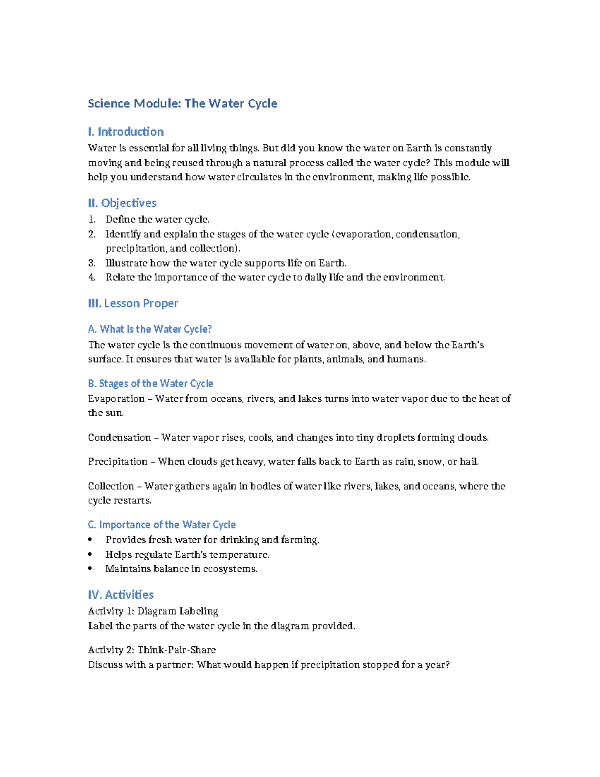Science Module: Understanding the Water Cycle and Its Importance - Studocu
