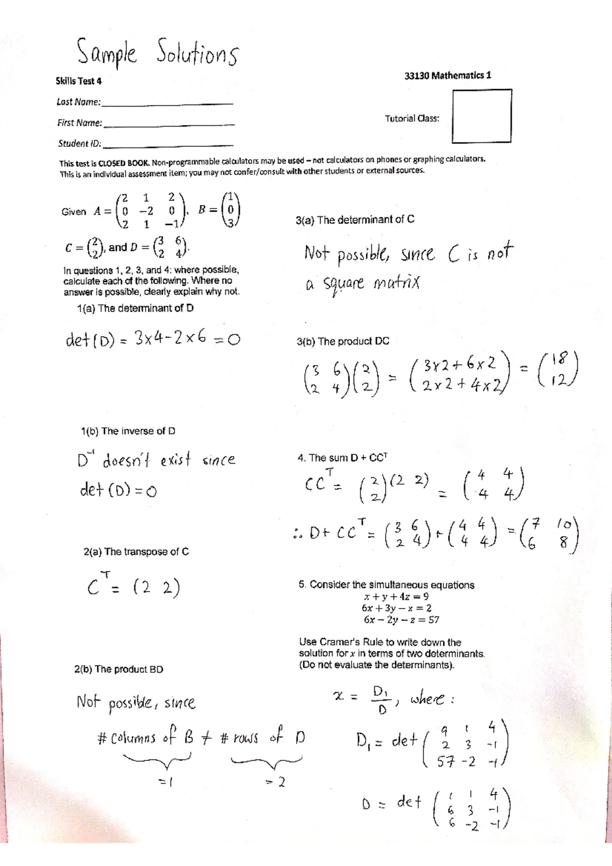 Mathematics 1 - Skills Test 4 (Matrices) Sample Solutions Version 1 ...