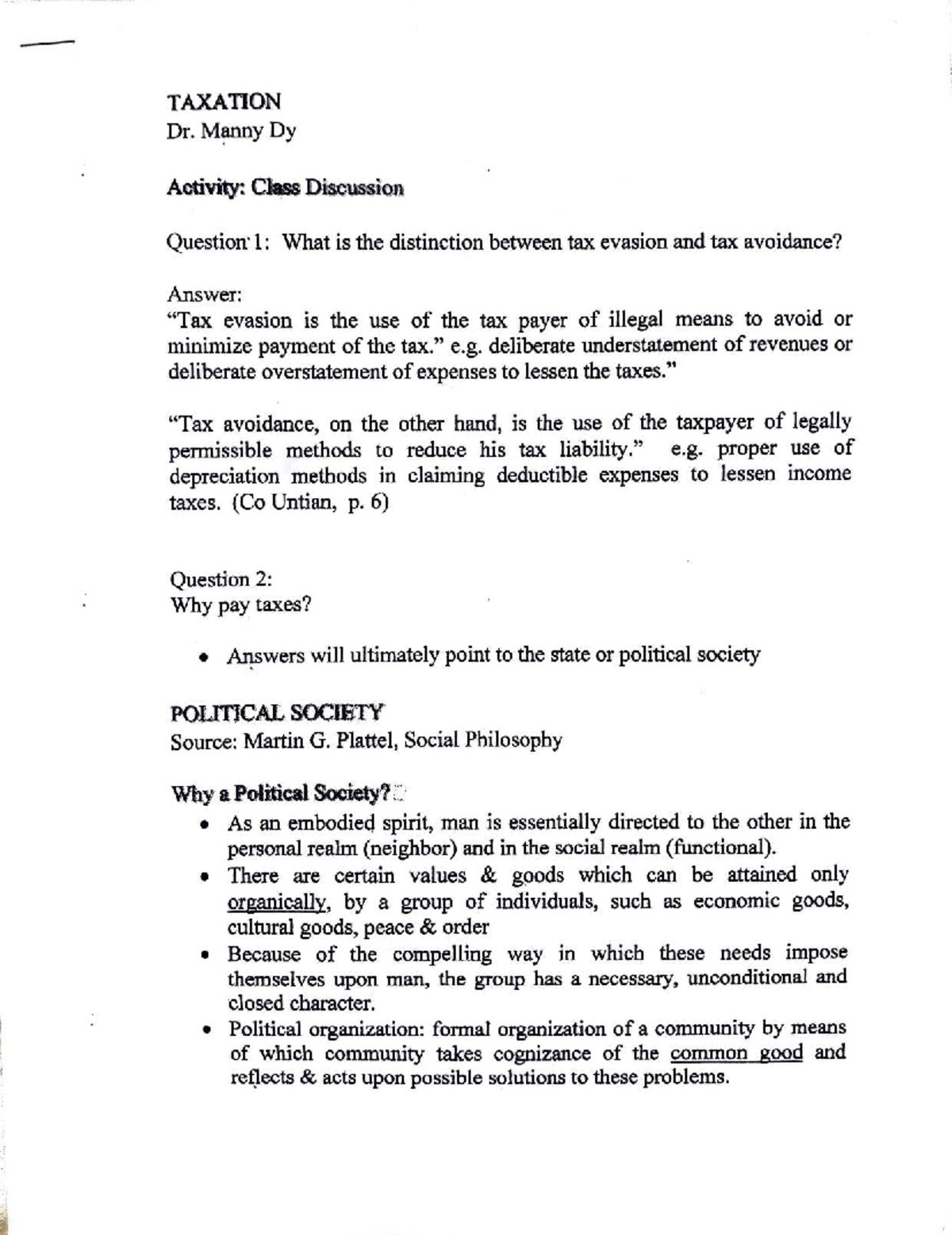 TAXATION Activity: Class I - Distinction Between Tax Evasion and ...